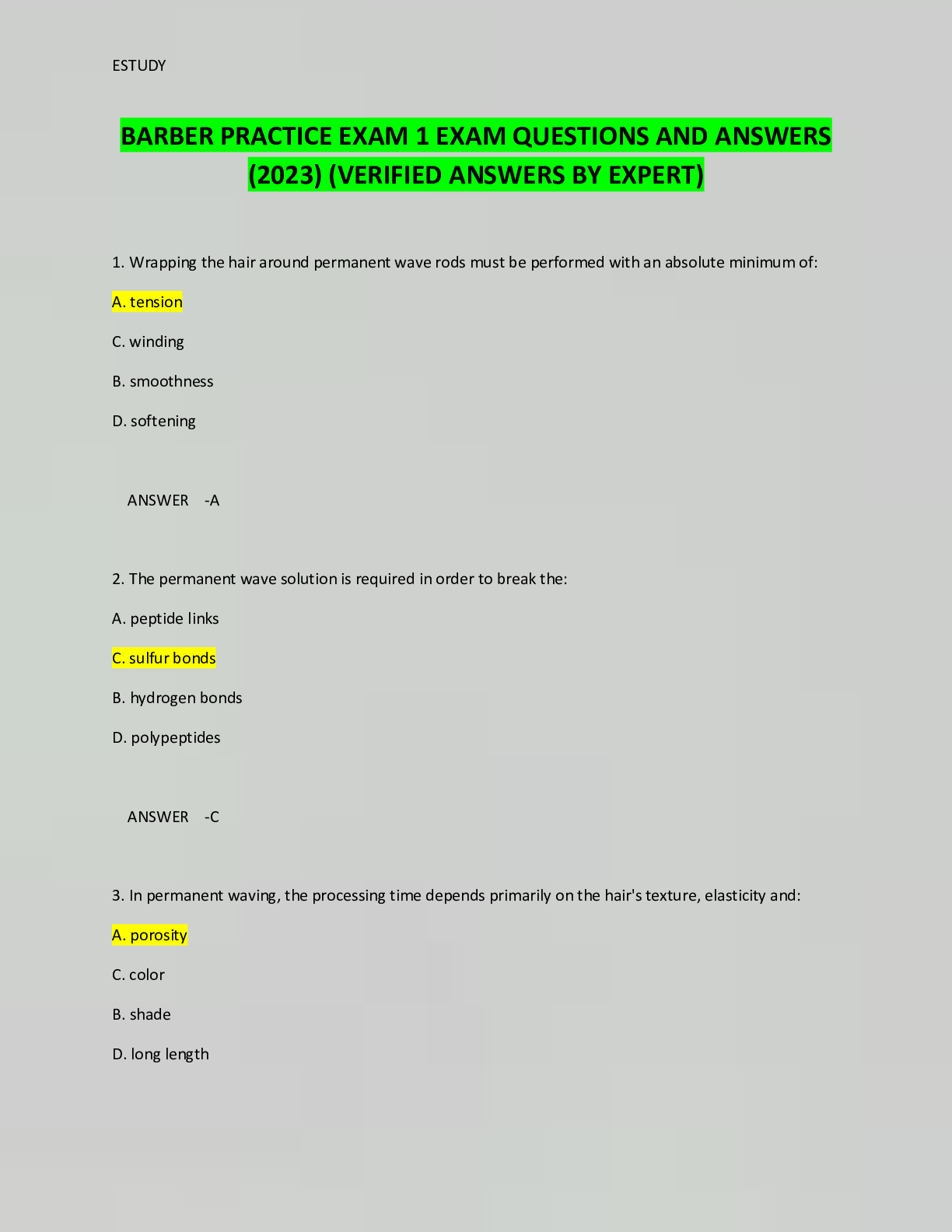 BARBER PRACTICE EXAM 1 EXAM QUESTIONS AND ANSWERS (2023) (VERIFIED ANSWERS BY EXPERT ...